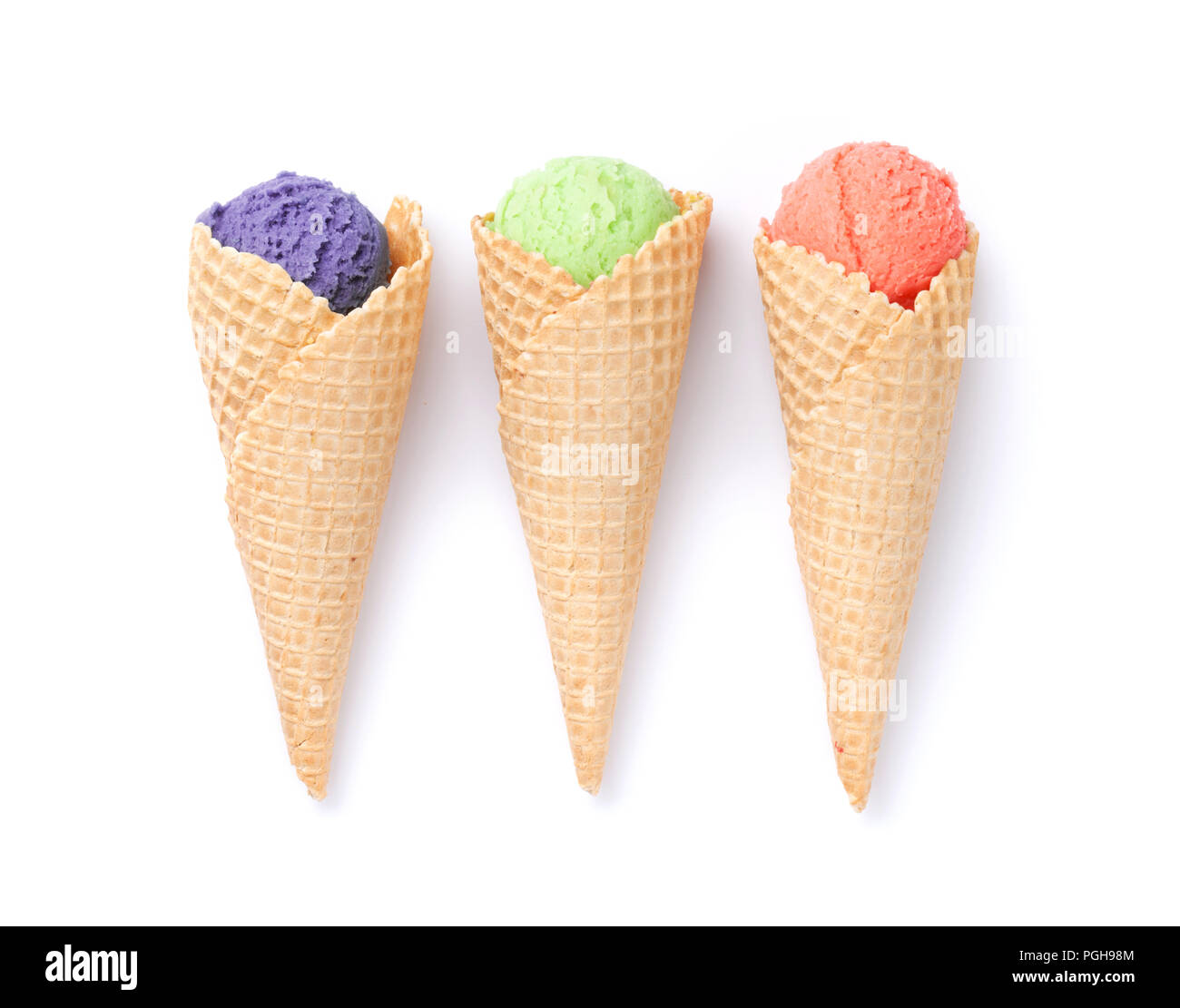 Ice cream scoops in cones. Isolated on white background Stock Photo - Alamy