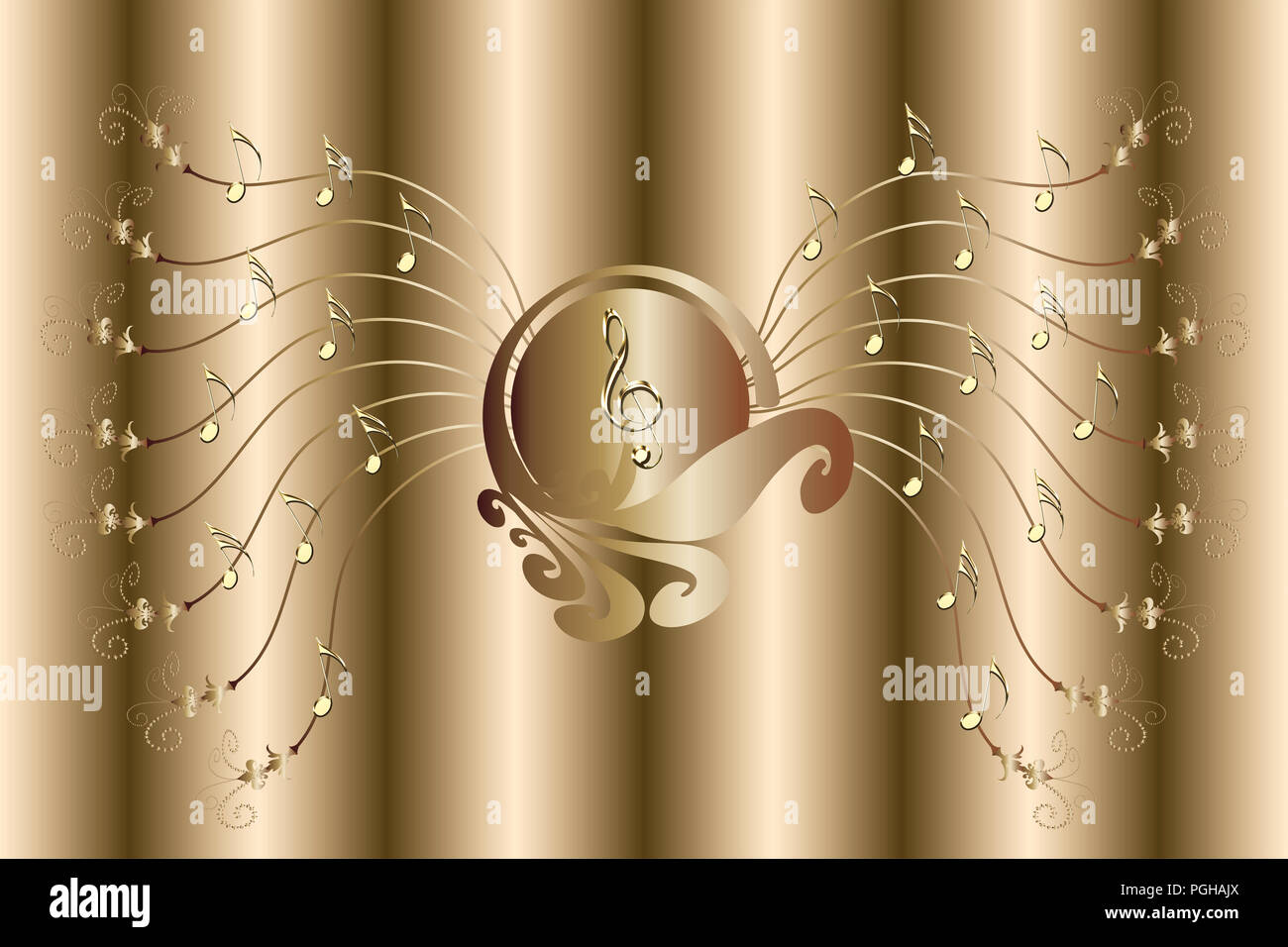 brown background with golden music notes and treble clef - musical ...