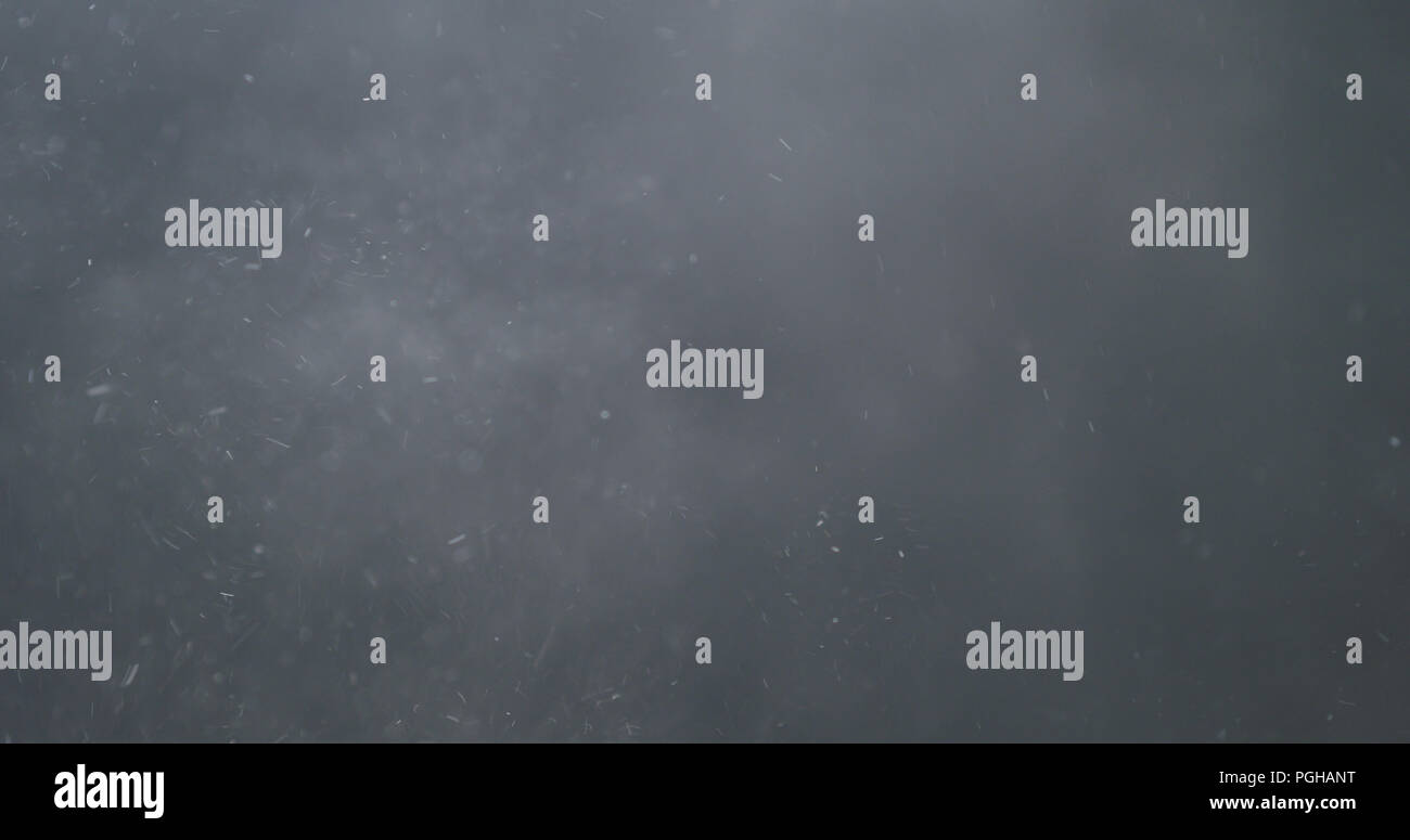 Macro shot of fast moving dust particles on a black background, wide ...