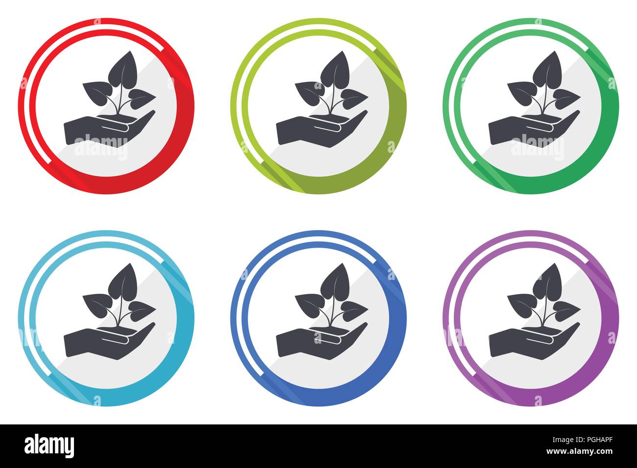 Hand protect plant growth flat vector web icon set, colorful round ...