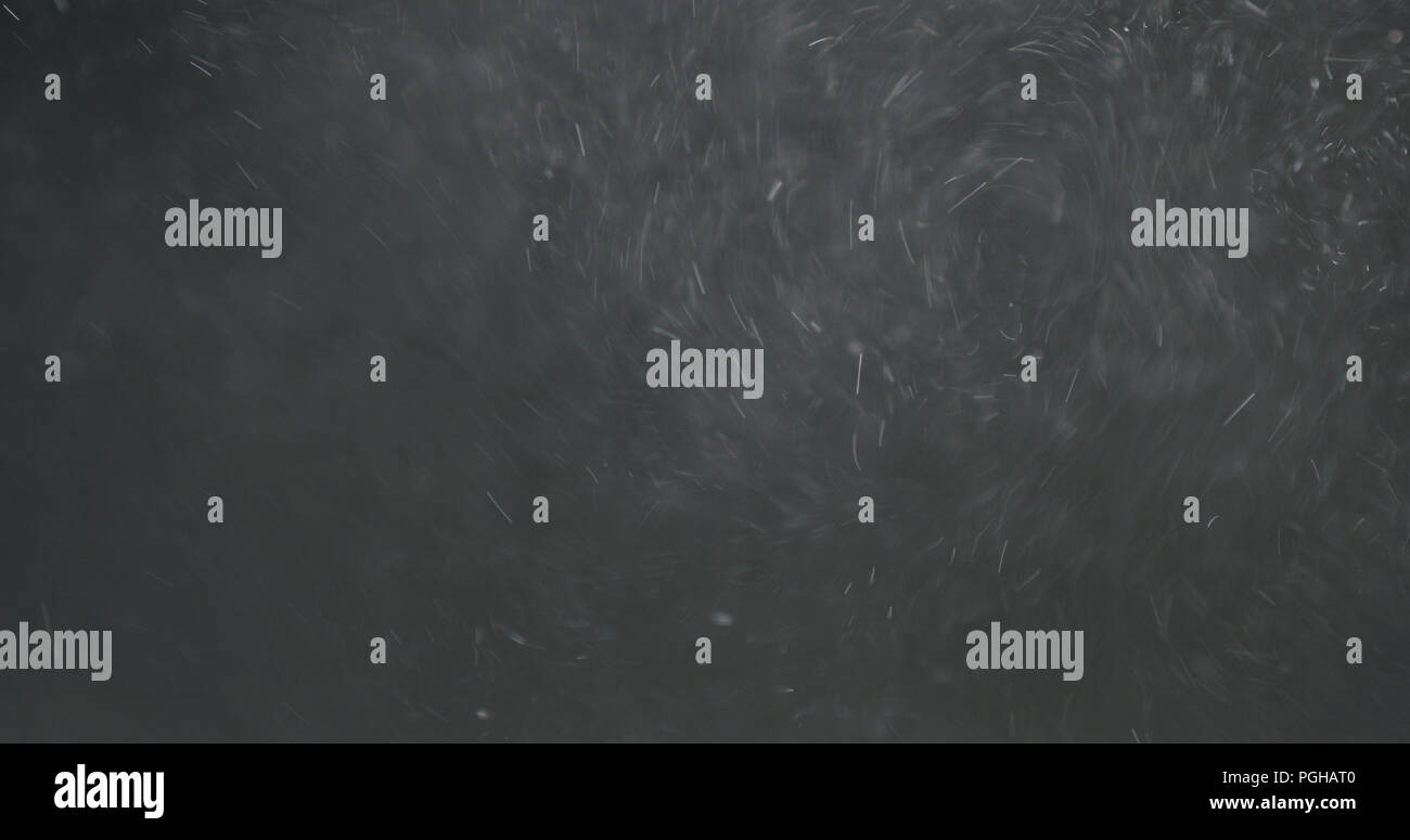 Macro shot of fast moving dust particles on a black background, wide ...