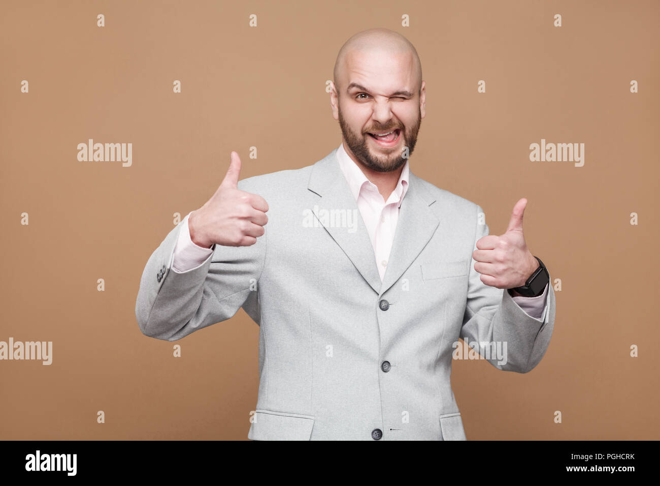 Portrait Of Funny Satisfied Handsome Middle Aged Bald Bearded