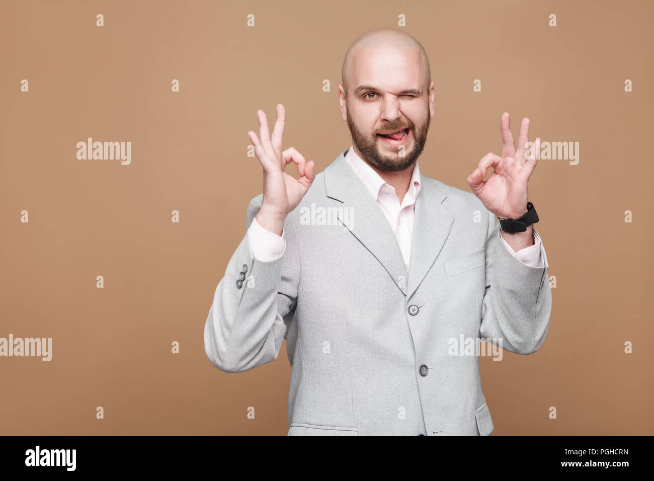 Its Ok Portrait Of Handsome Funny Middle Aged Bald Bearded Businessman