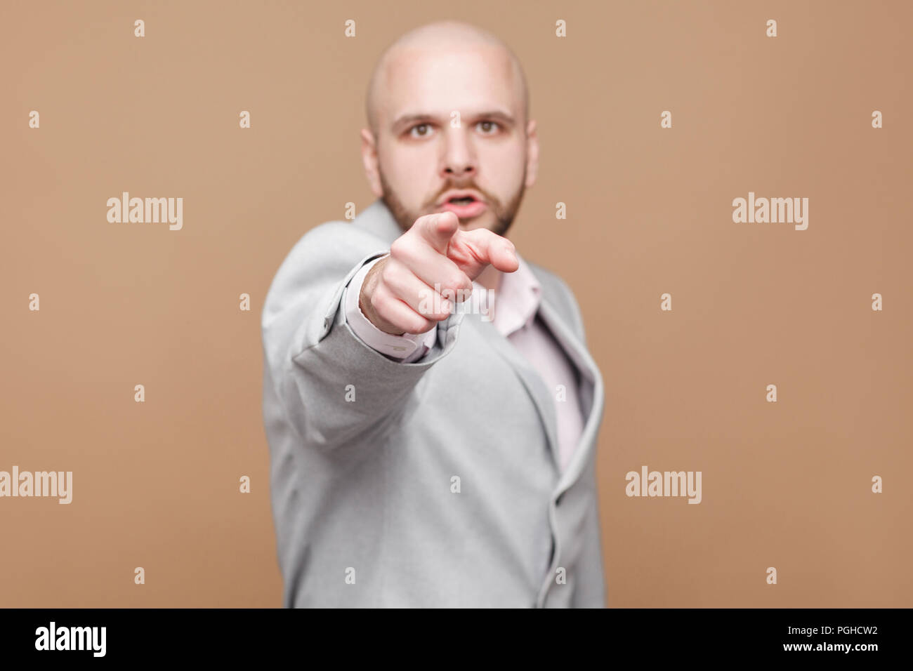 Hey You Portrait Of Serious Handsome Middle Aged Bald Bearded Bossy