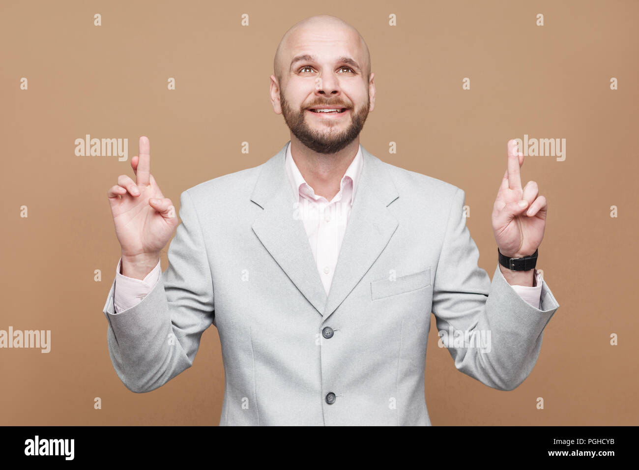 Wishing Hopeful Portrait Of Handsome Middle Aged Bald Bearded