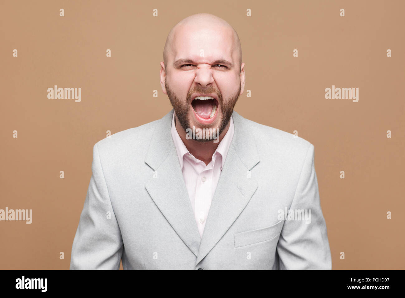 Aggressive Portrait Of Roar Handsome Middle Aged Bald Bearded