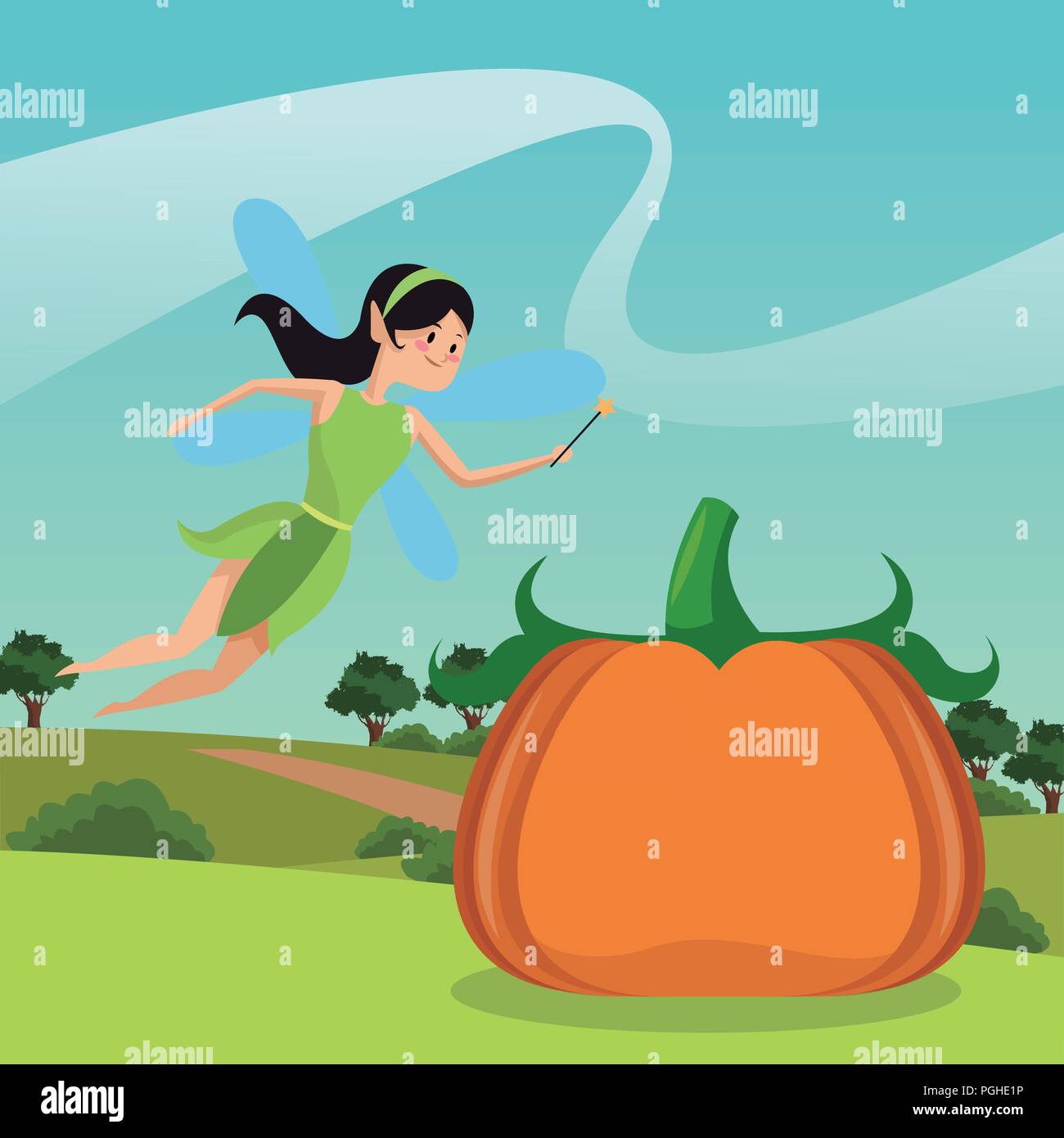 Fairy flying and pumpking cartoons on landscape vector illustration ...