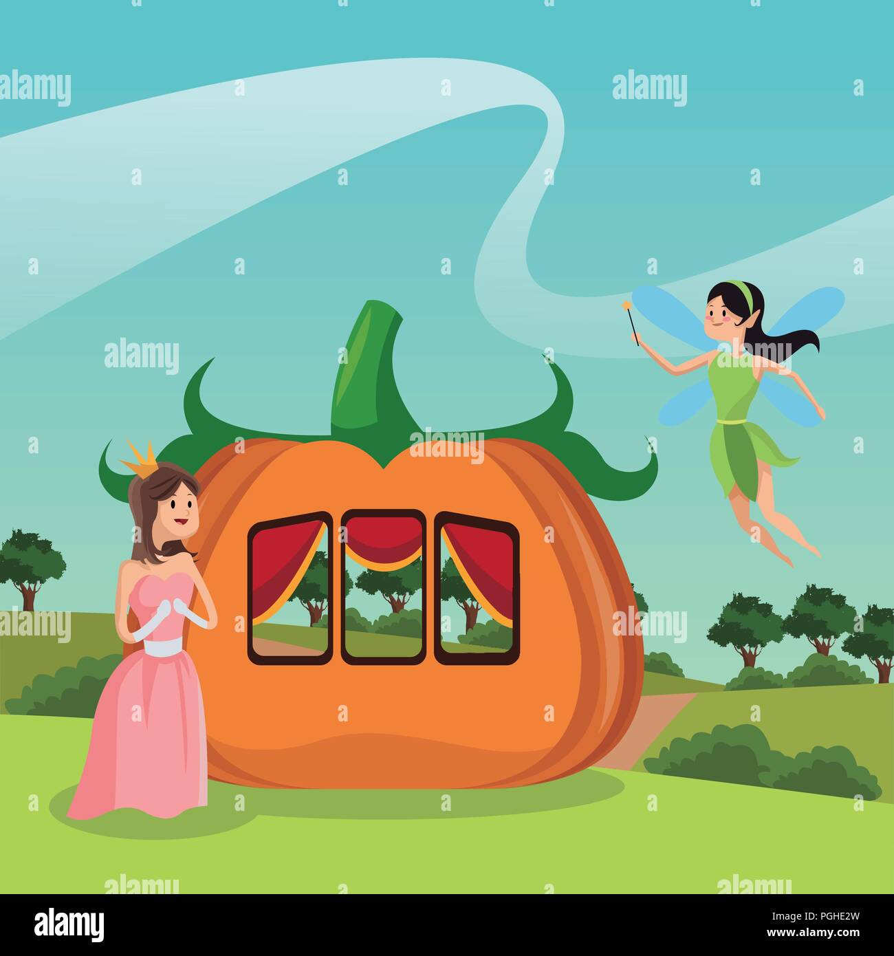 fairy and princess with pumpkin cartoons on landscape vector ...