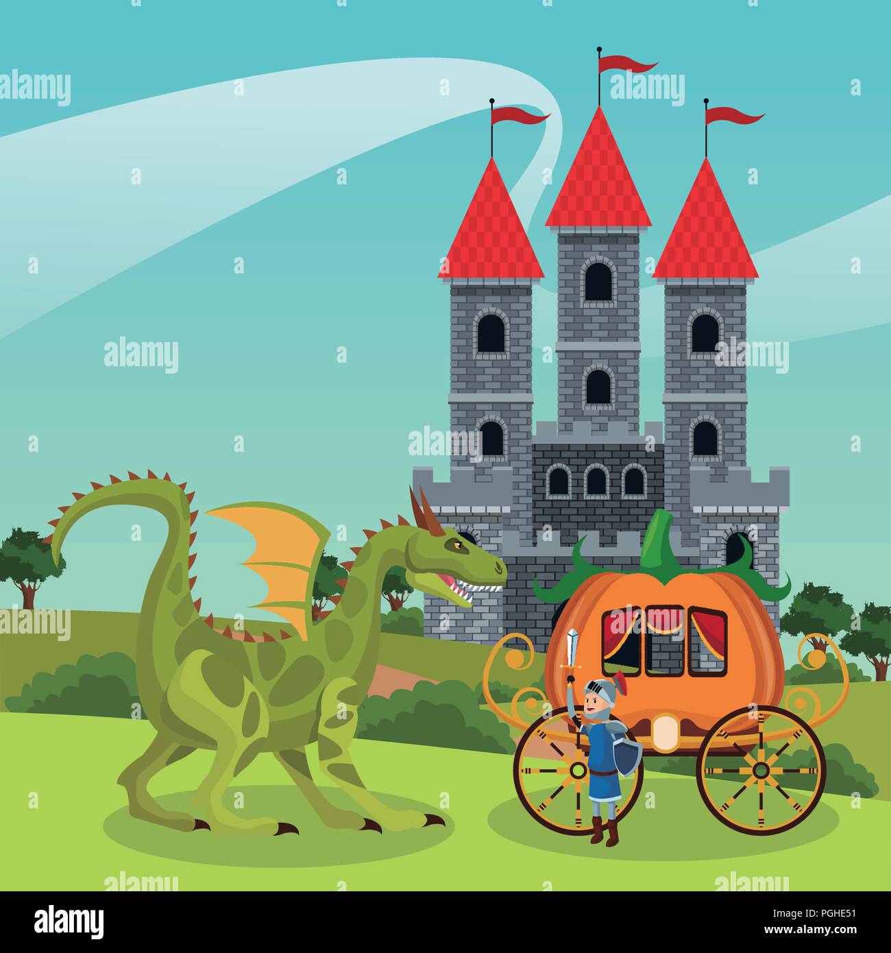 Fairy stories cartoons on kingdom castle scenery vector illustration ...