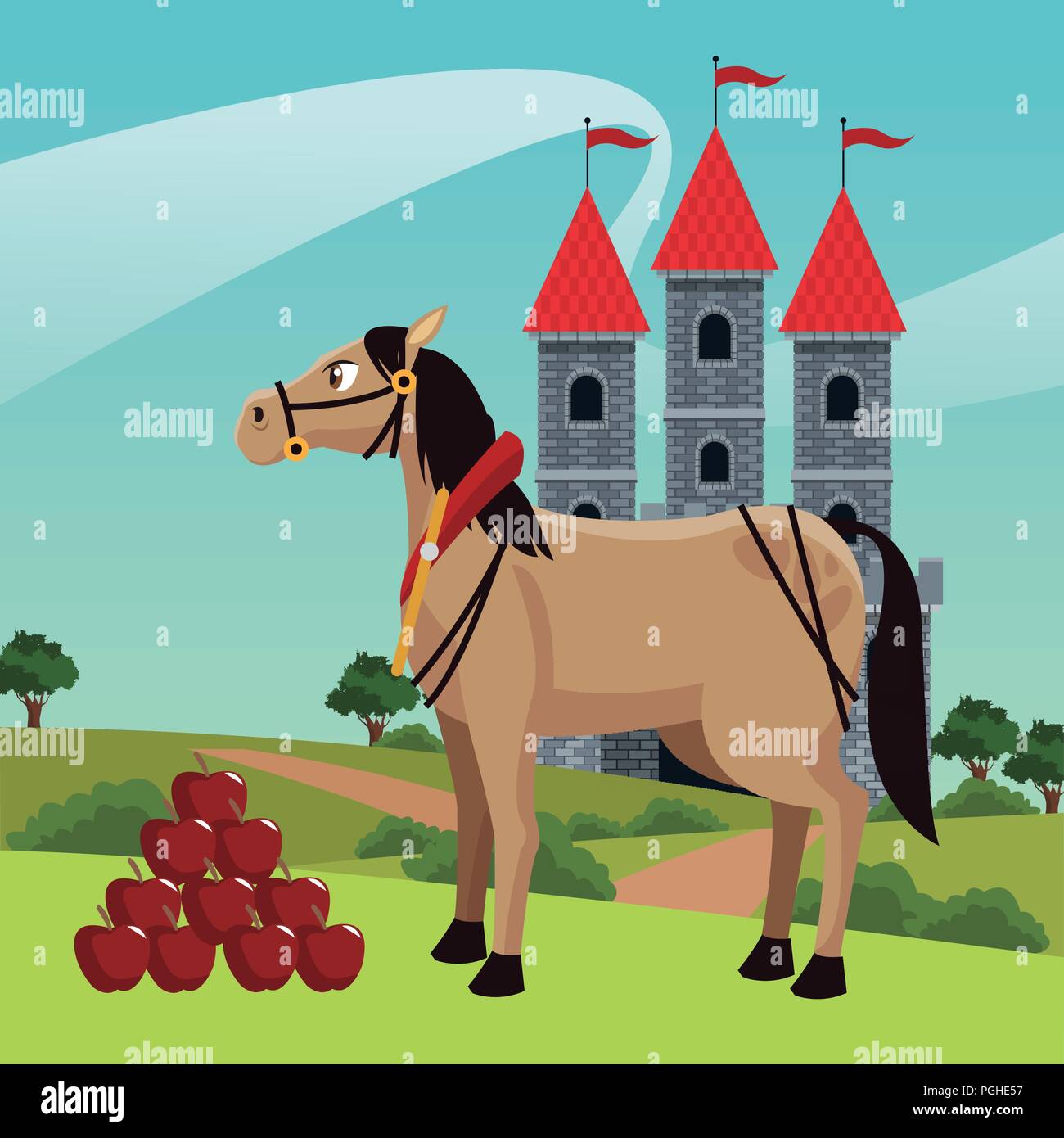 Horse eating apples on kingdom castle vector illustration graphic ...