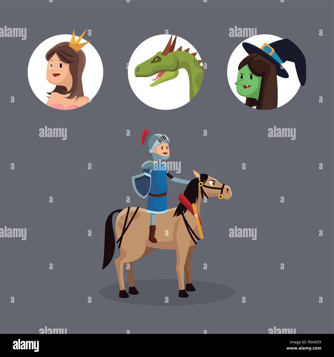Warrior riding hourse with cartoons characters vector illustration ...