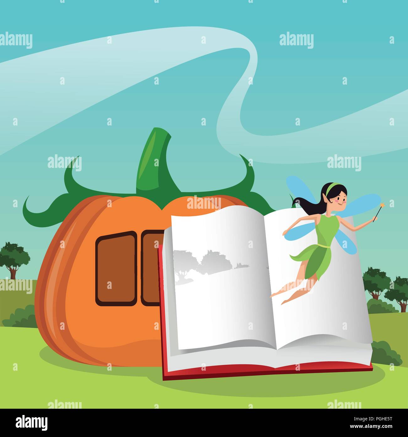 fairy cartoons coming out from book open on landscape vector ...