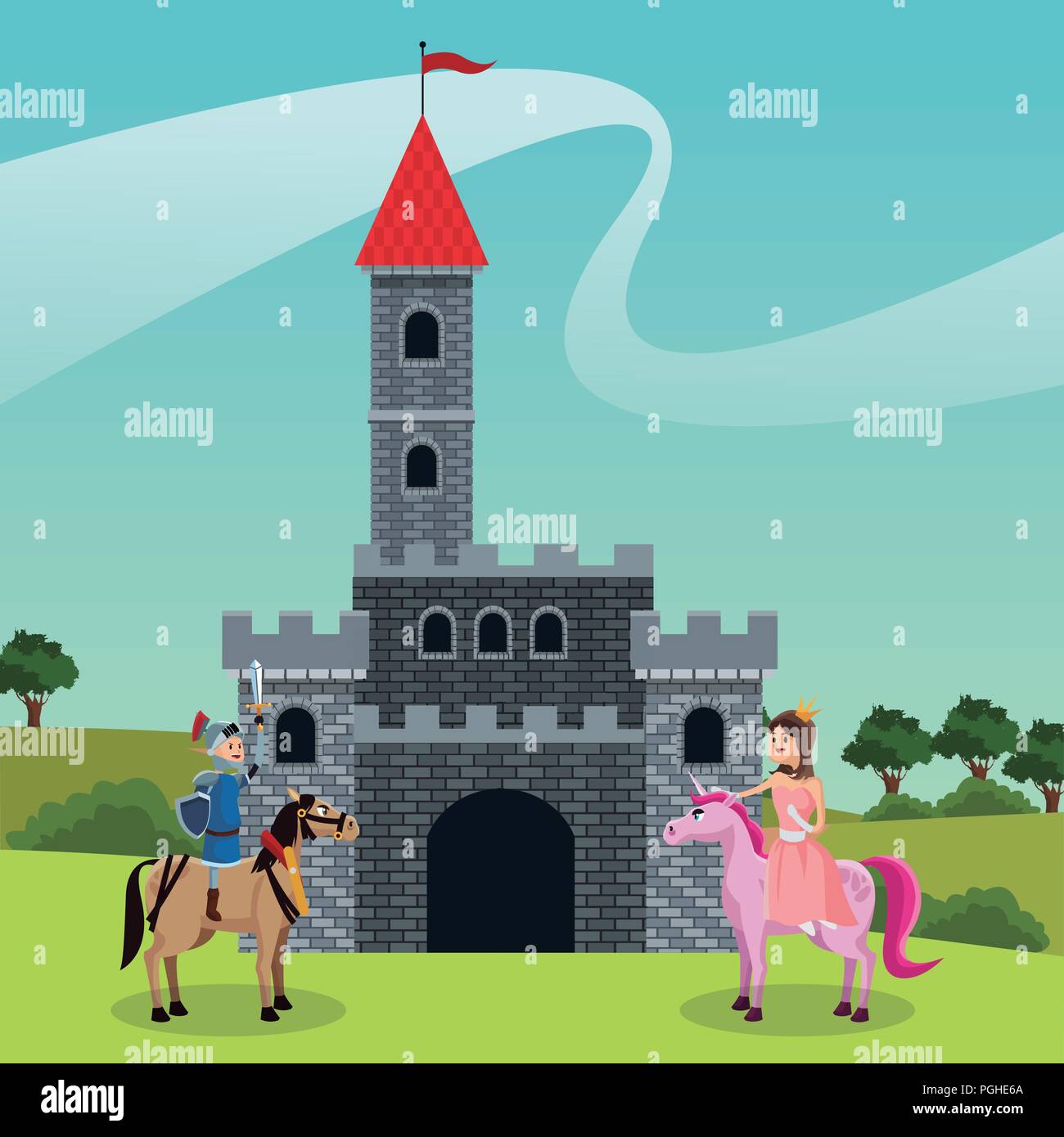 Fairy stories cartoons on kingdom castle scenery vector illustration ...