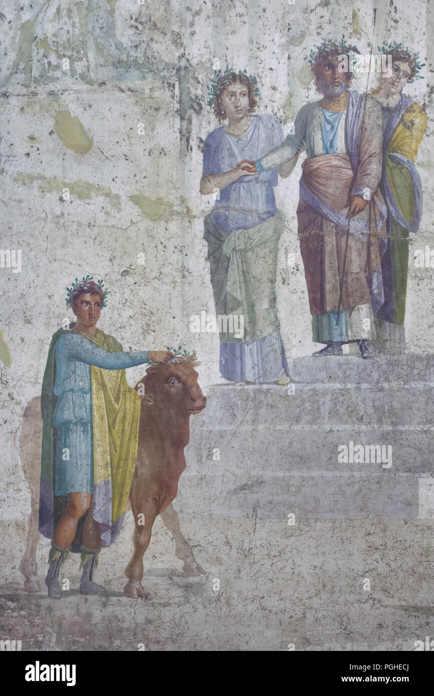 King Pelias with his sons depicted in the Roman fresco from the House ...
