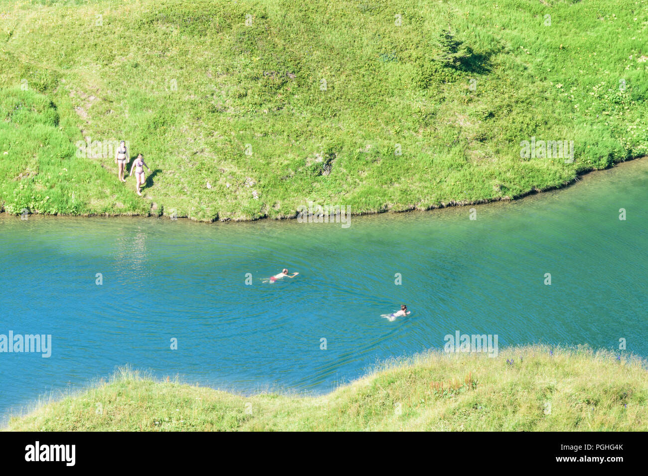 Allgäuer Alpen: lake Schrecksee, bather, sunbather, swimmer, flower ...