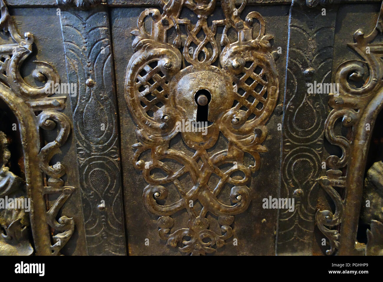 Ornate gothic delicate filigree type metalwork on town strong box in ...