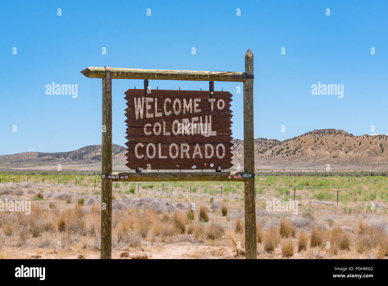 DINOSAUR, UT - JUNE 22, 2018: Welcome to Colorful Colorado state border ...