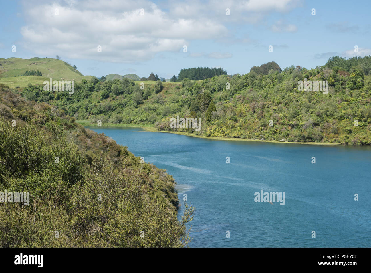 Elevated view over Lake Ohakuri with lush forest growth under a blue ...