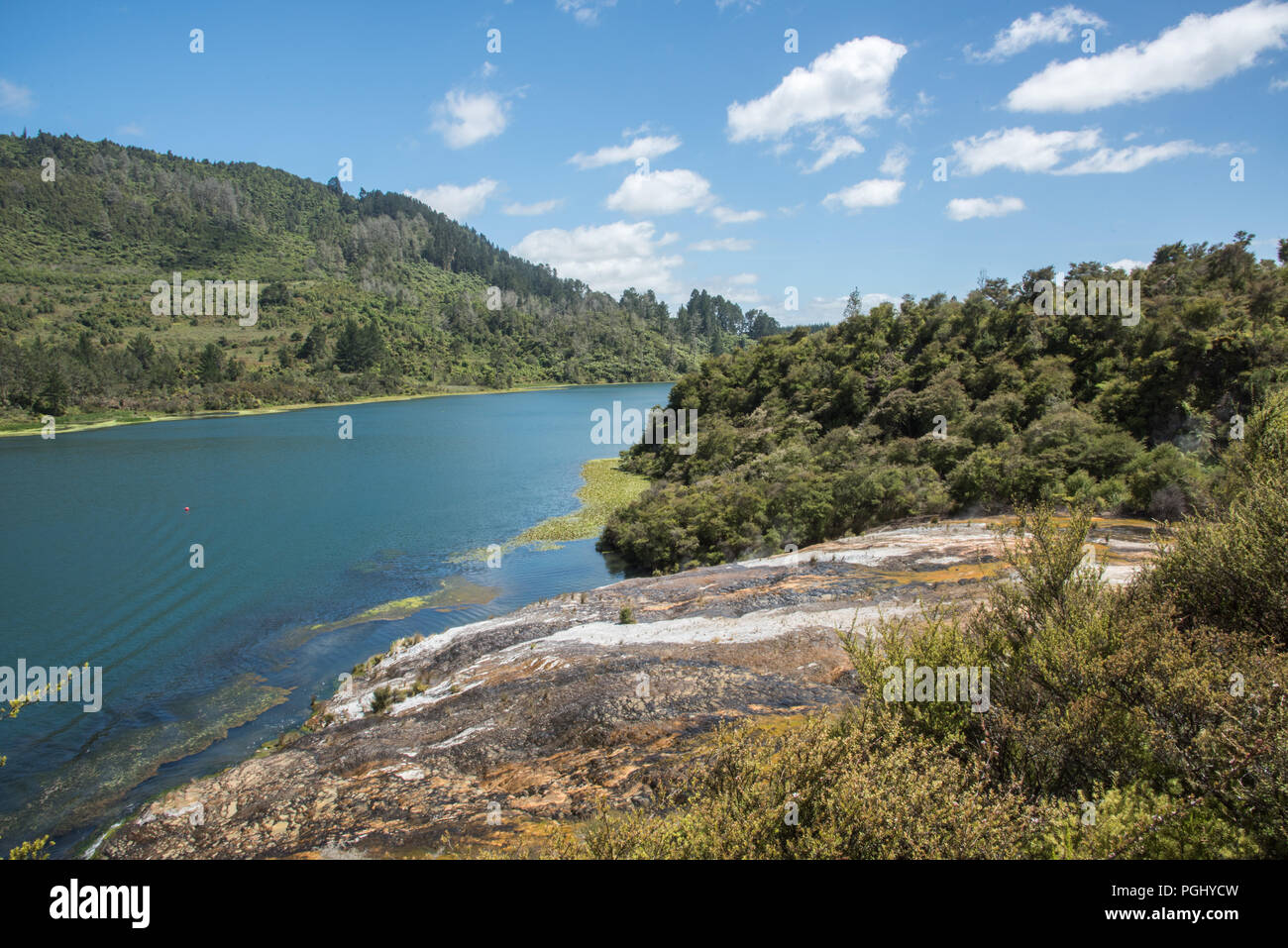 Elevated view over Orakei Korako's geothermal area and Lake Ohakuri ...