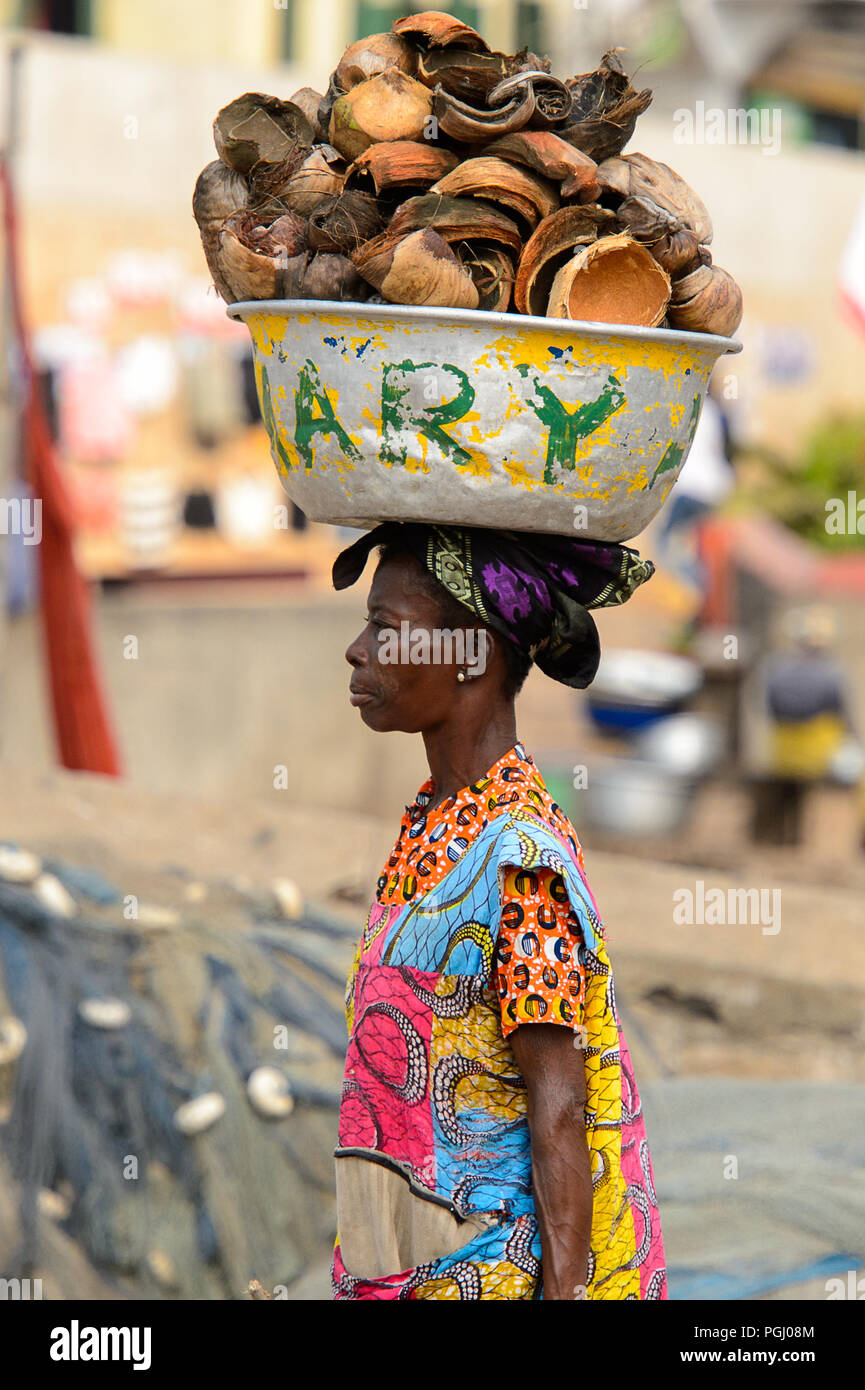 ELMINA, GHANA -JAN 18, 2017: Unidentified Ghanaian woman in colored ...