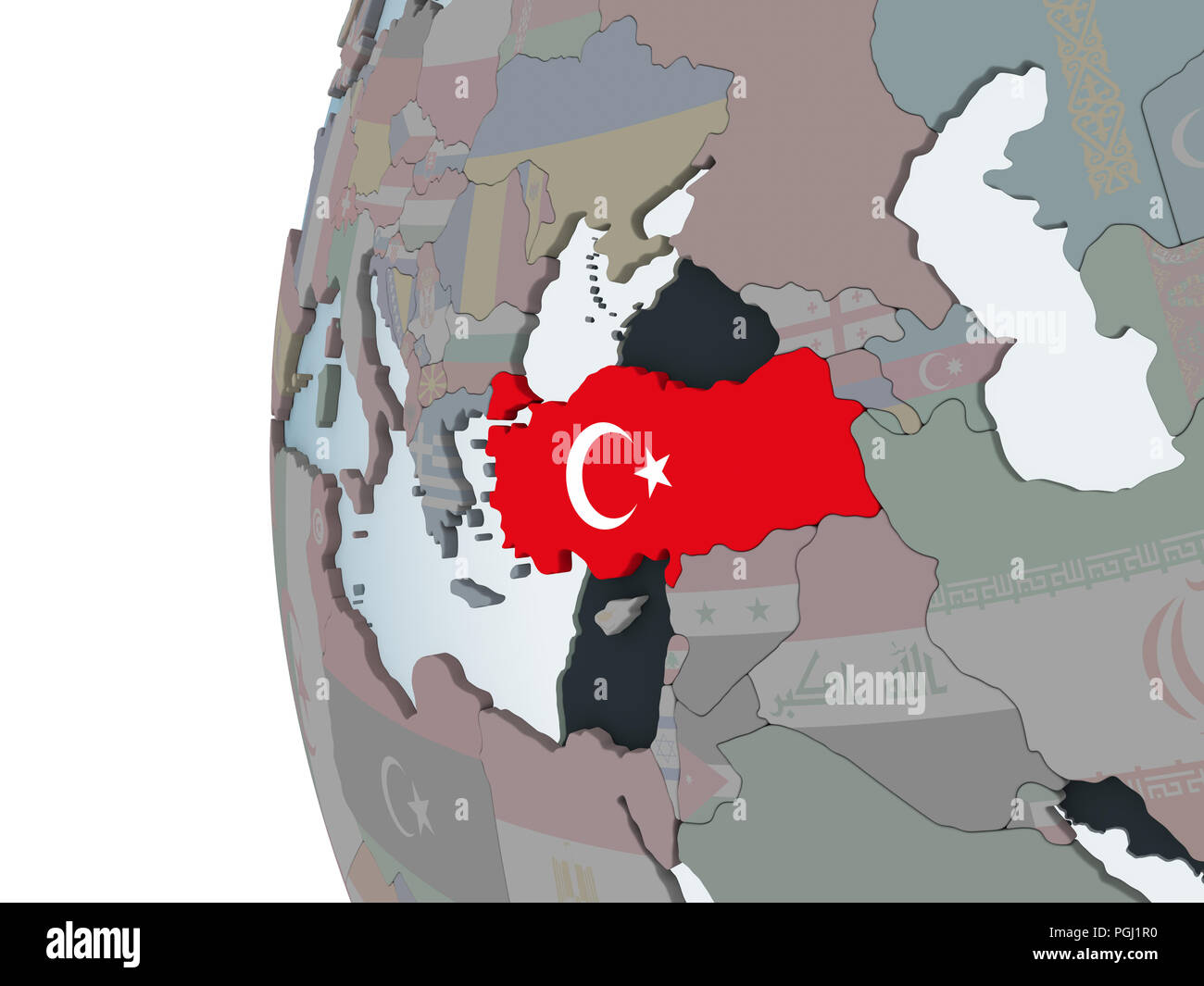 Turkey on political globe with embedded flag. 3D illustration Stock ...