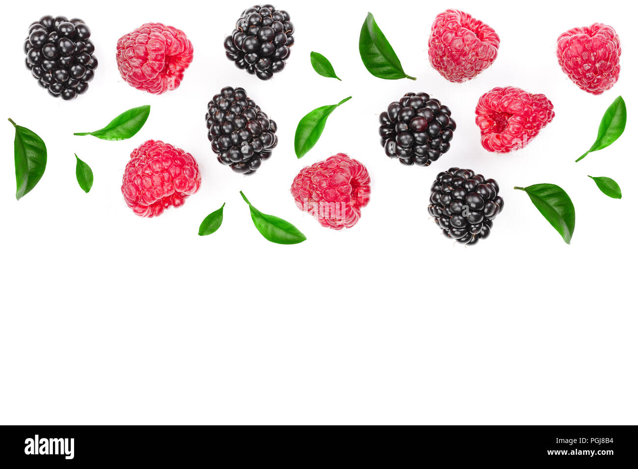 blackberry and raspberry with leaves isolated on white background with ...