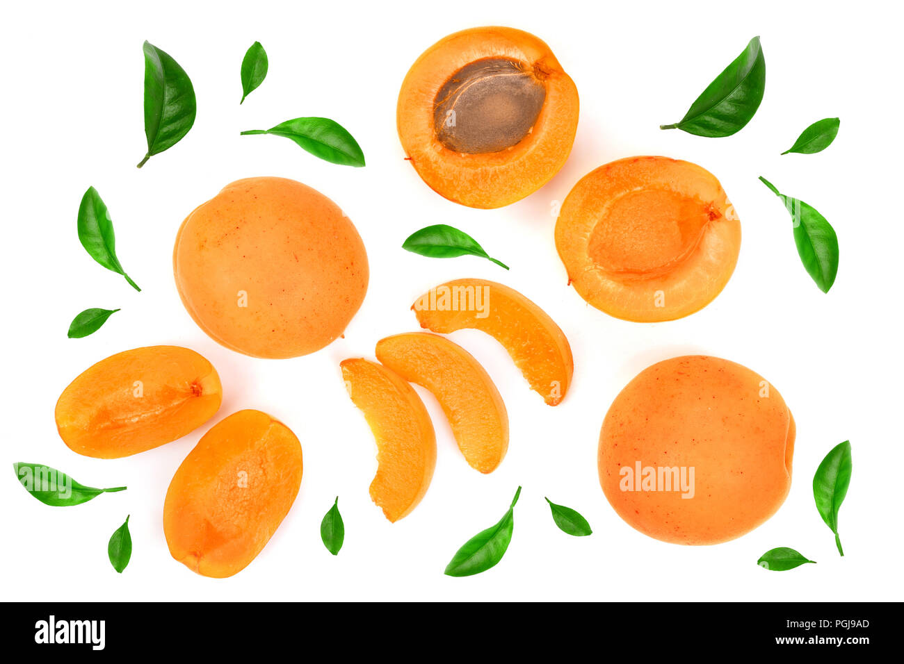 Apricot fruits with leaves isolated on white background. Top view. Flat ...