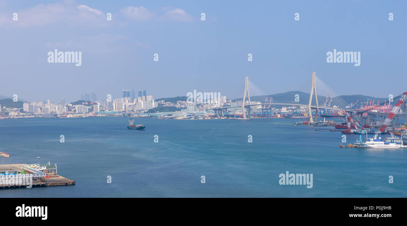 Busan Harbor Bridge and the Port of Busan in South Korea Stock Photo ...