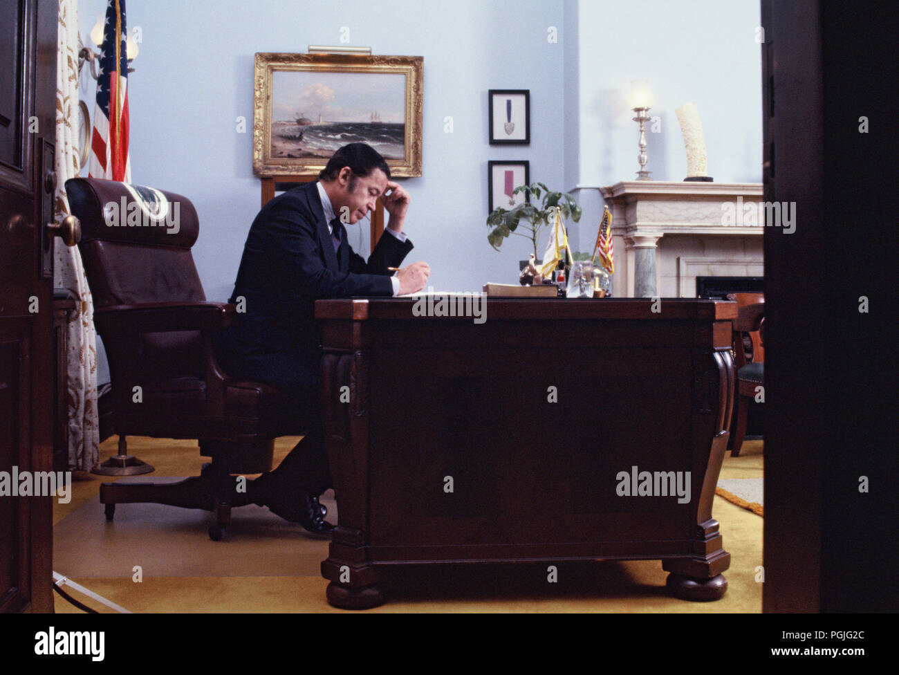 Washington, DC 1988/12/06 Senator Edward Brooke at work in his office ...