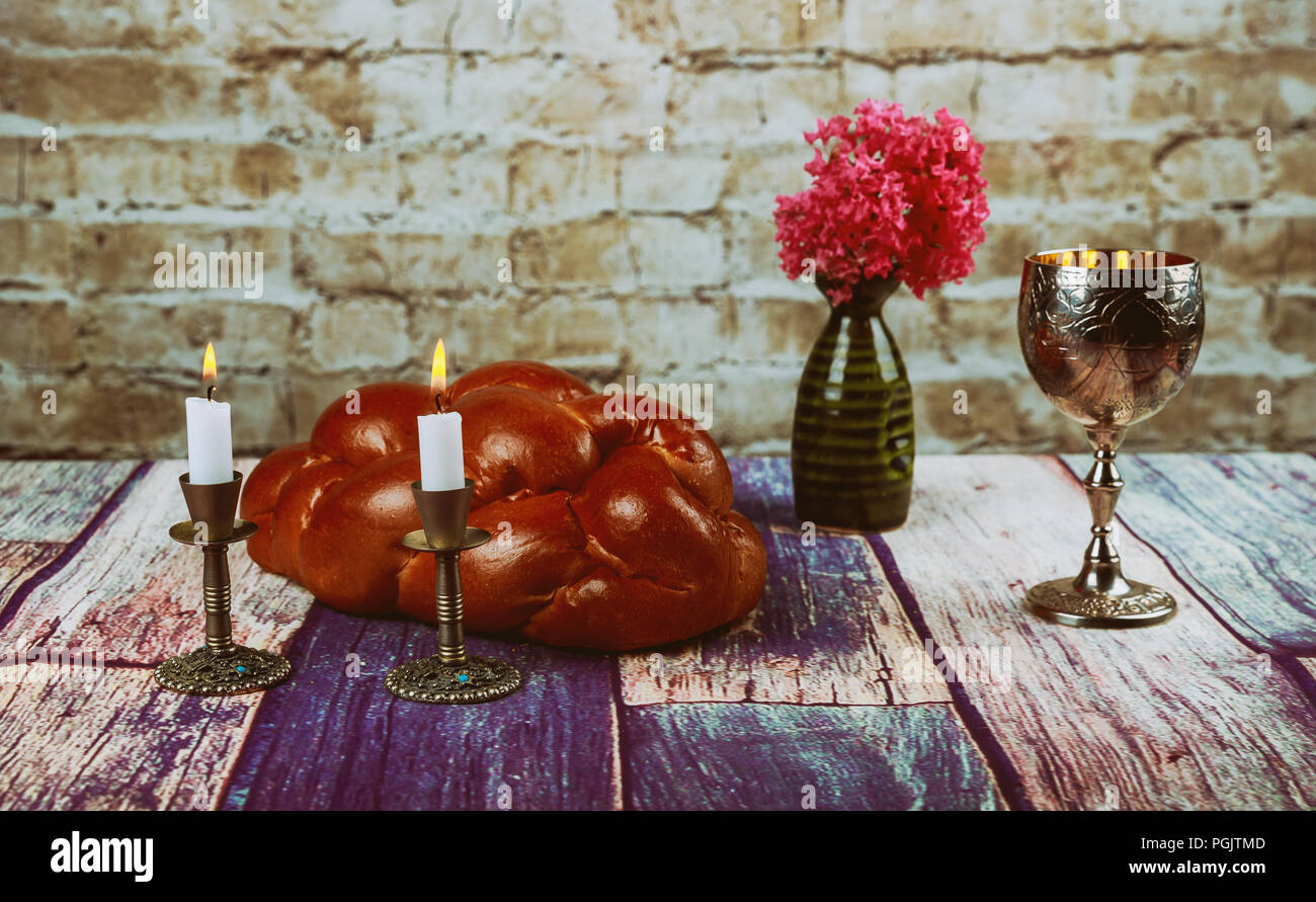 Shabbat Shalom challah and wine traditional Jewish Sabbath ritual Stock ...