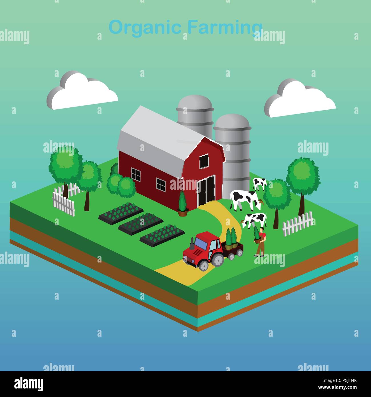 Isometric Red Barn And Trees cows vector illustration Stock Vector ...