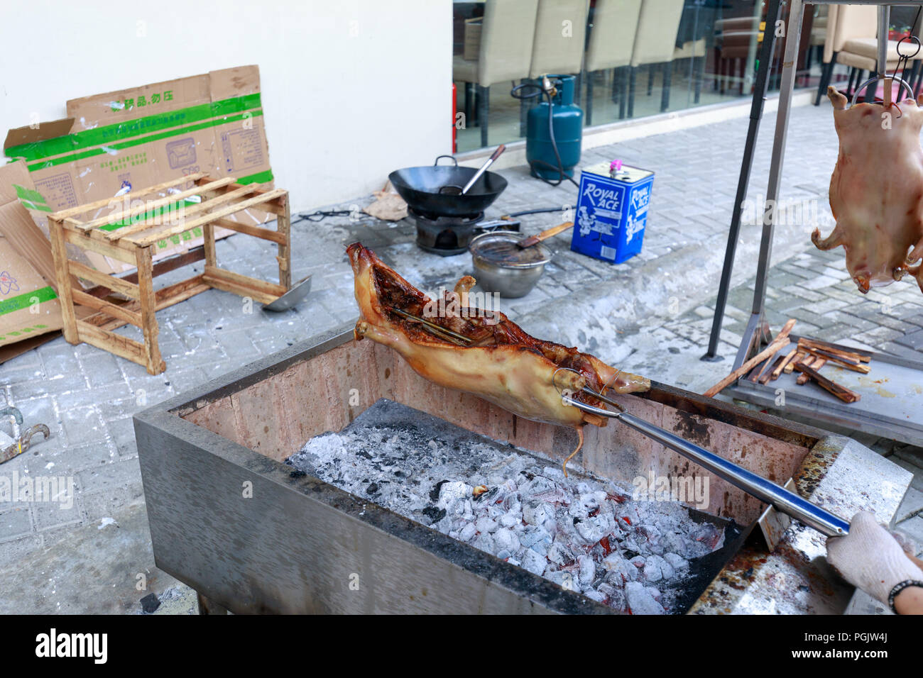 Manila, Philippines - Jul 14, 2018 : Crispy lechon being roasted in ...