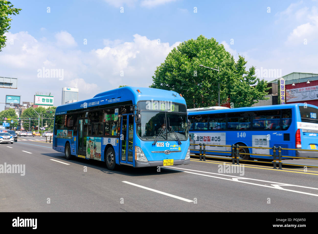 Seoul, South Korea - Jul 17, 2018 : Seoul blue bus on the road in Seoul ...