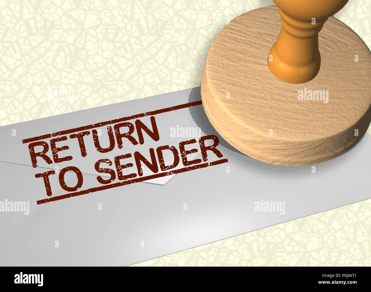 3D illustration of RETURN TO SENDER stamp title on a letter envelope ...