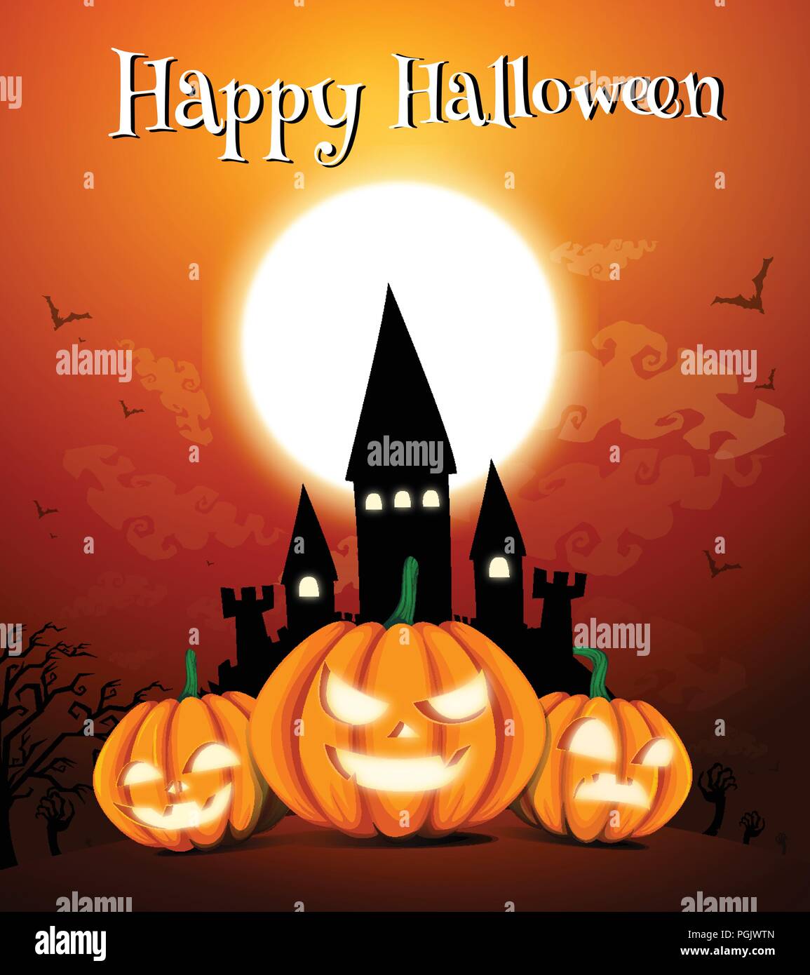 Happy Halloween night background with dark castle and pumpkins, Vector ...