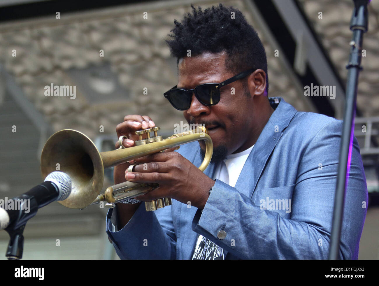 New York City, New York, USA. 25th Aug, 2018. Jazz trumpet player KEYON ...