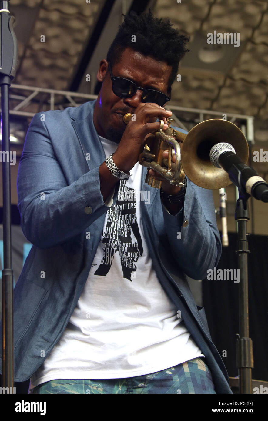 New York City, New York, USA. 25th Aug, 2018. Jazz trumpet player KEYON ...