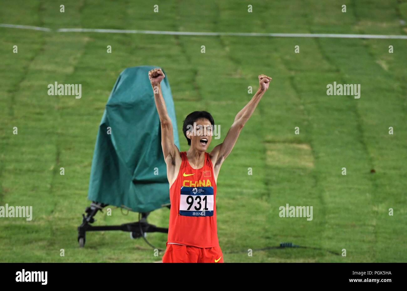 Jakarta. 27th Aug, 2018. Wang Yu of China celebrates after the men's ...