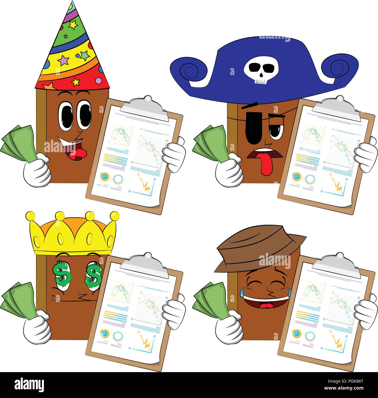 Books shows finance report and money bills. Cartoon book collection ...