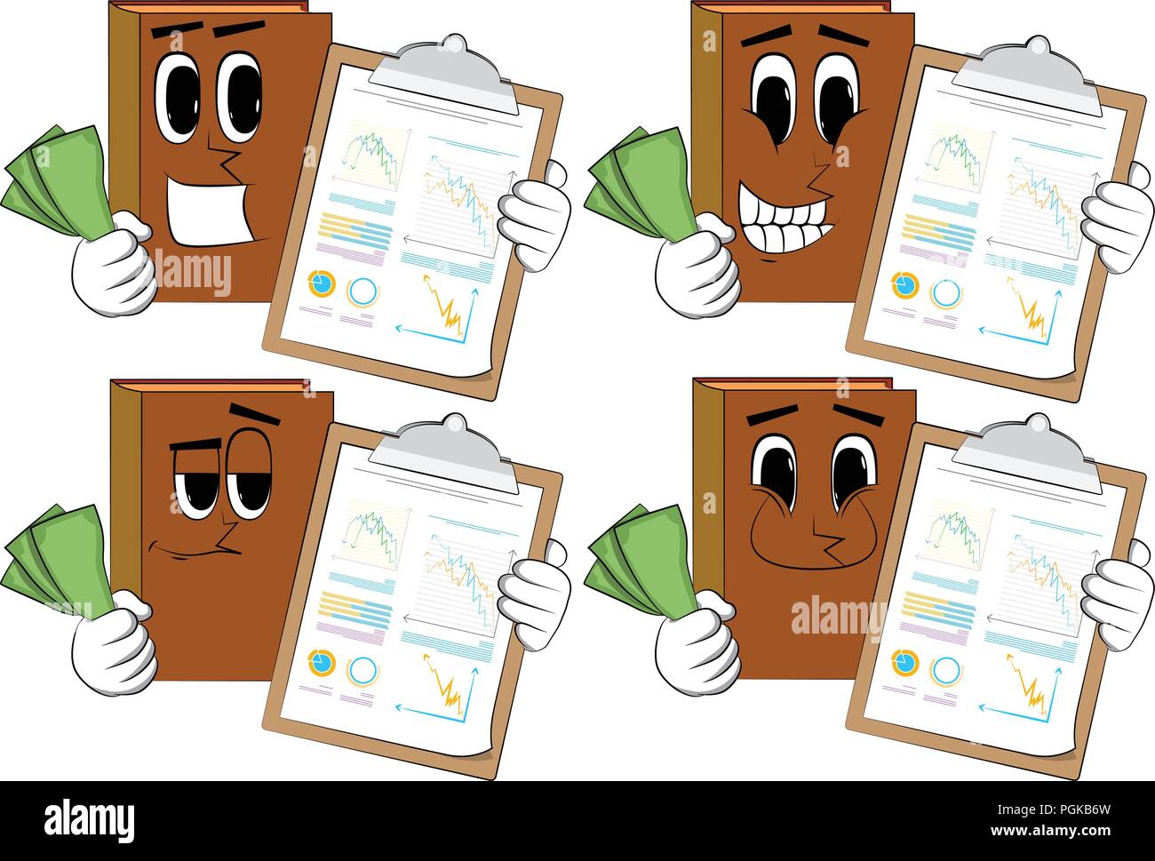 Books shows finance report and money bills. Cartoon book collection ...