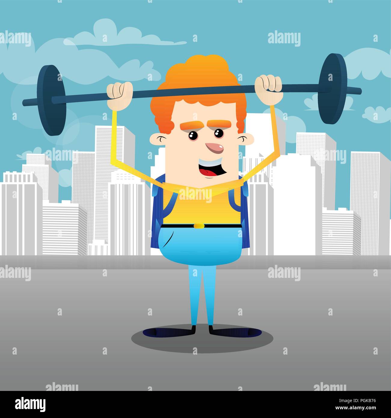Schoolboy weightlifter lifting barbell. Vector cartoon character ...