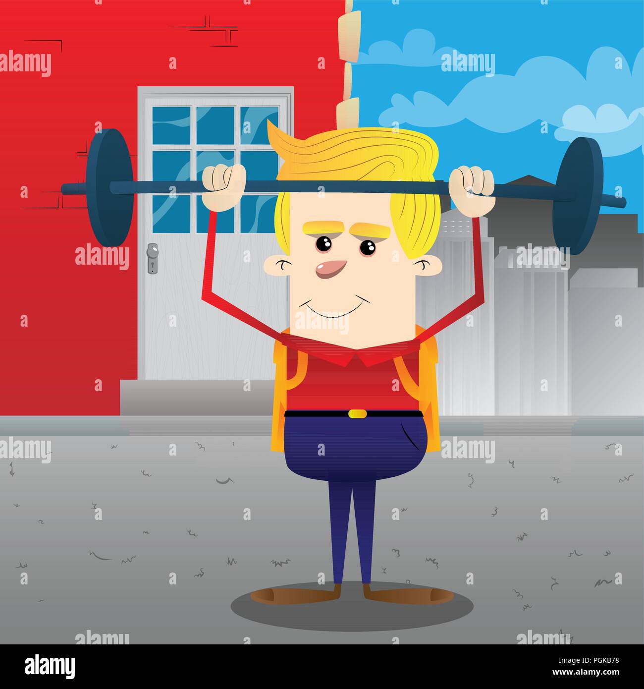 Schoolboy weightlifter lifting barbell. Vector cartoon character ...