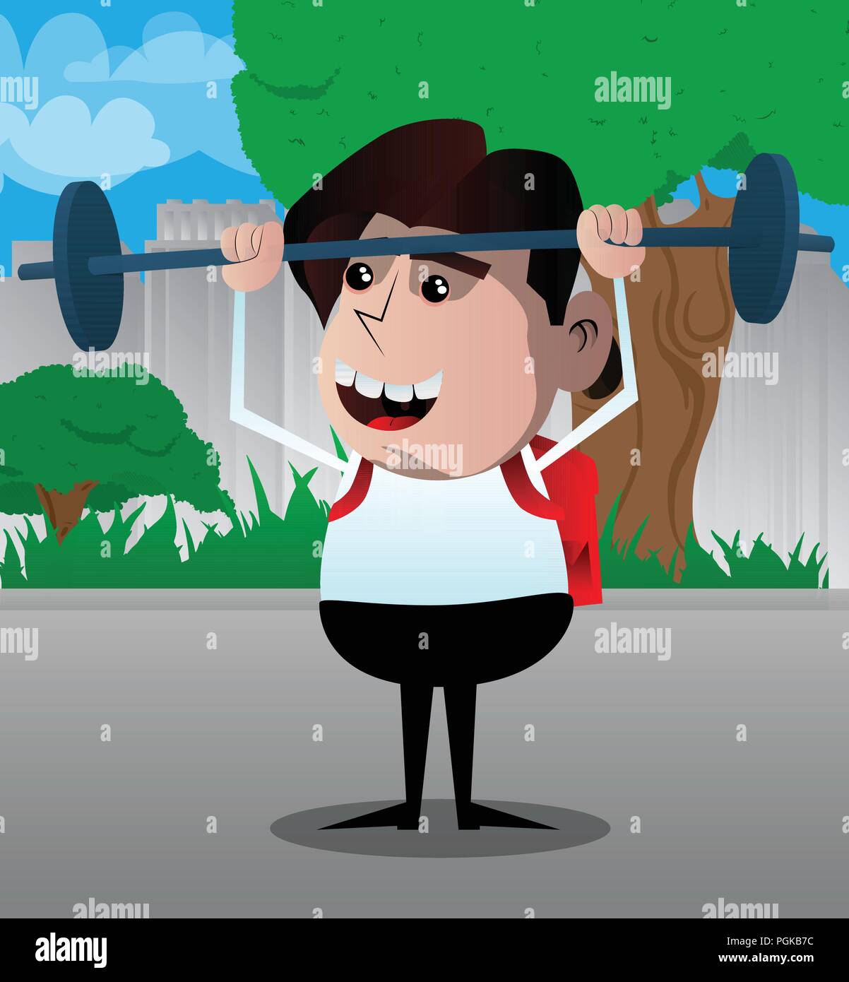 Schoolboy weightlifter lifting barbell. Vector cartoon character ...