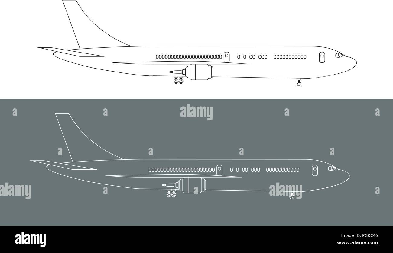 Plane drawn with lines to high detailed side view mock up. Illustrated ...