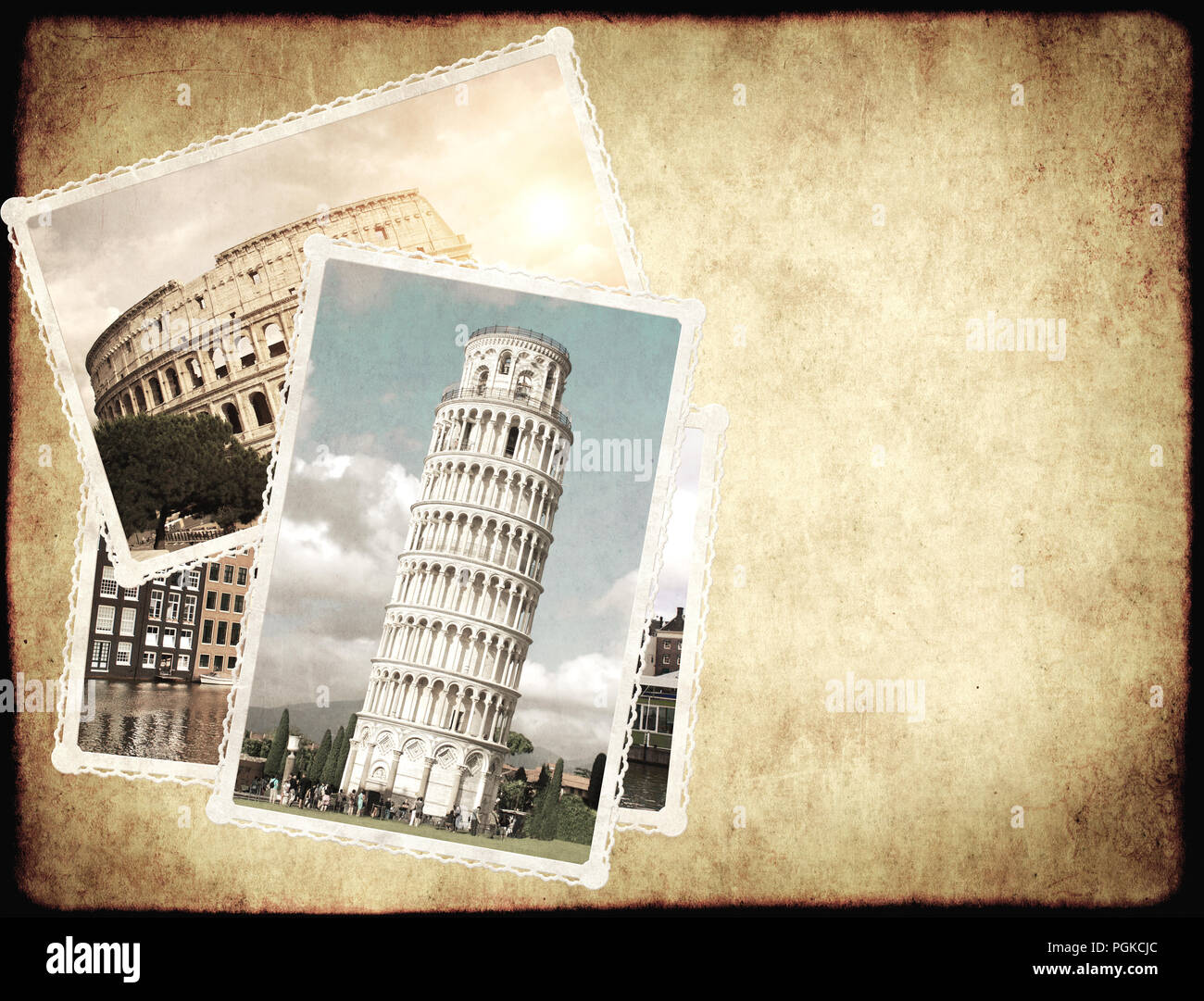 Vintage travel background with old paper texture and retro photos of ...
