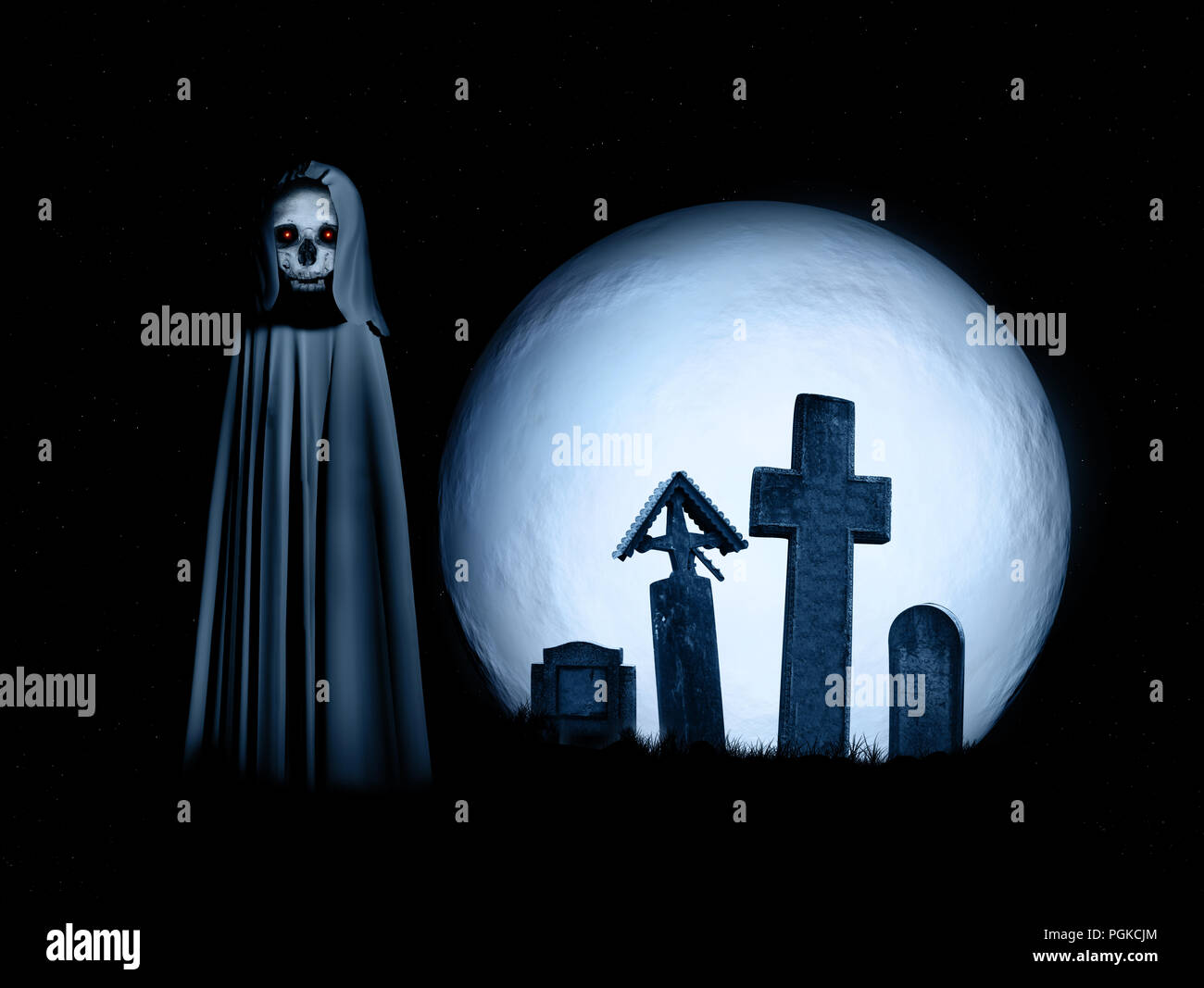 Halloween scenery with spooky death in hooded cloak, full moon and ...