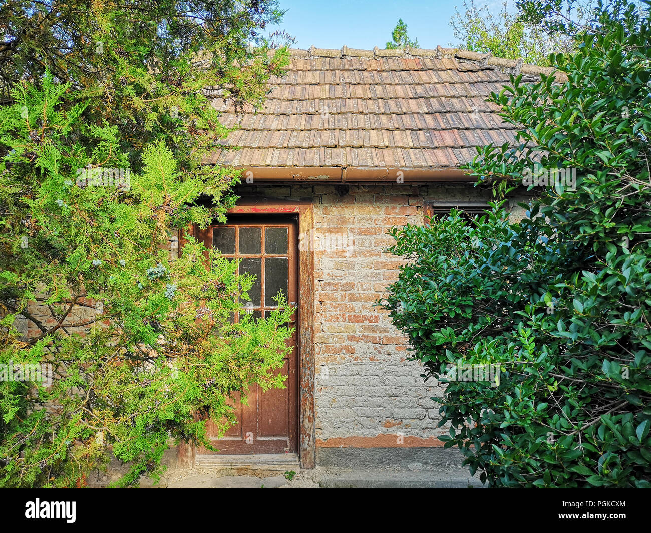 Hidden old deserted brick house in rural garden Stock Photo - Alamy