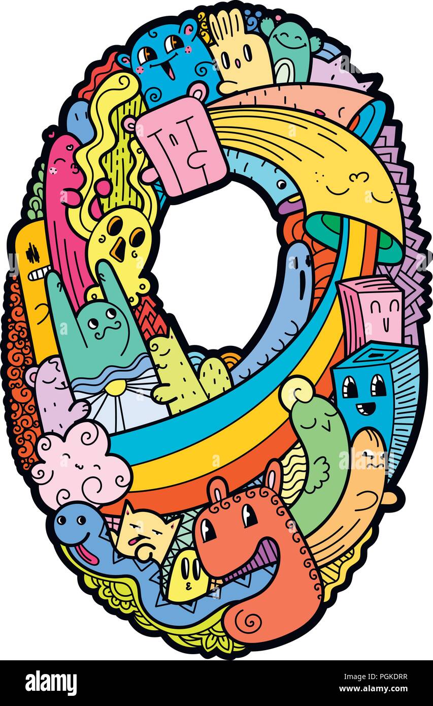 Number Zero. Hand drawn doodled kids numbers. Cute monstred numbers ...