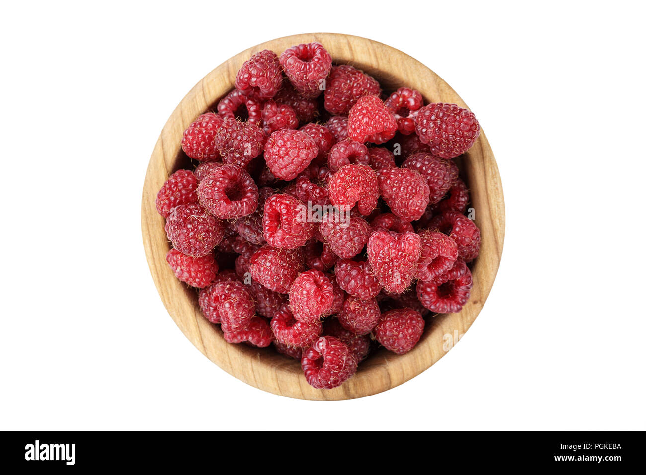 raw raspberry in a wooden plate isolated, on white background, top view ...