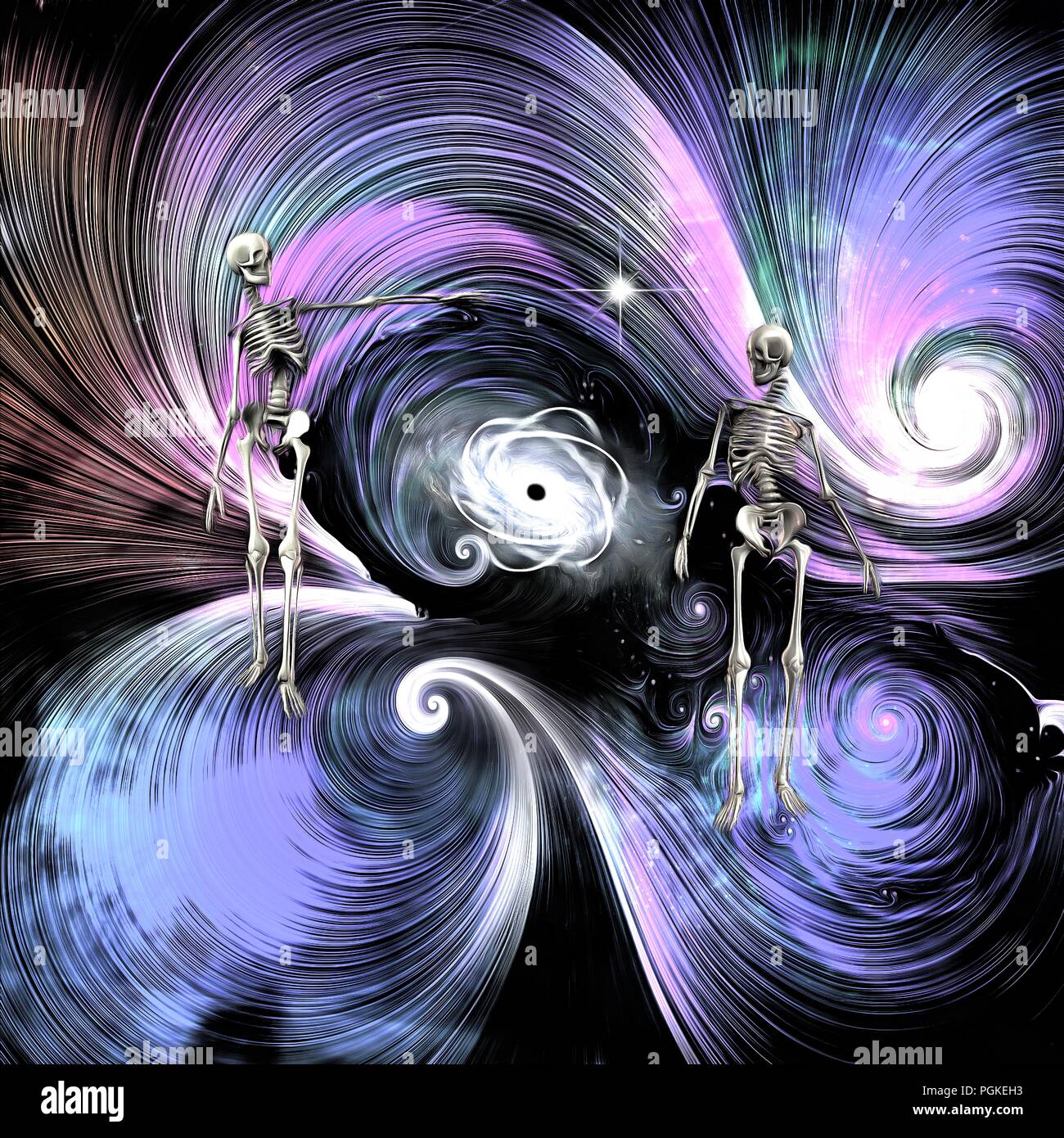 Surreal painting. Black hole or atom core in a center of universe. Two ...